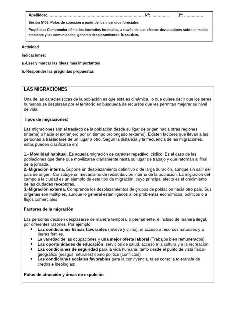 Ficha de Trabajo Sobre Lospolos de Atracción Ante Los Incendios Forestales | PDF | Migración humana