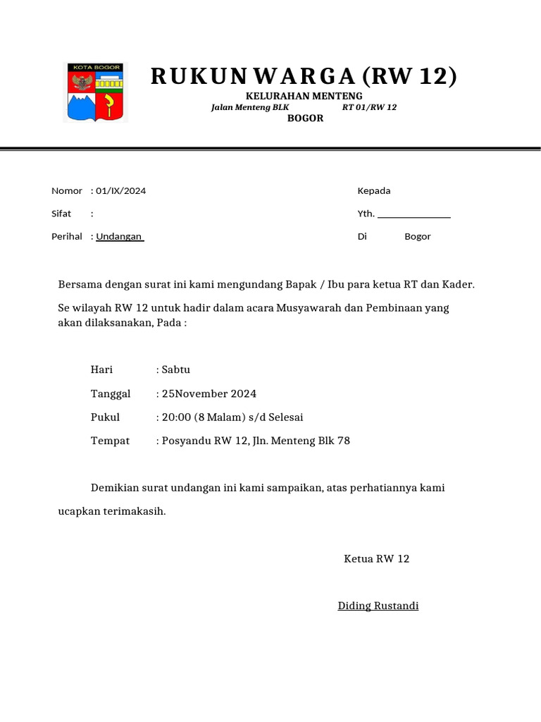 Undangan Musyawarah RW 12 Bogor | PDF