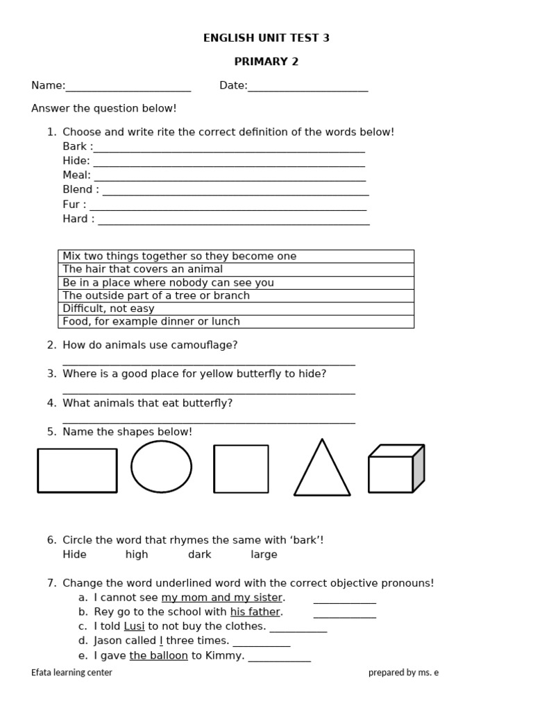 Primary 2 English Unit Test | PDF | Foreign Language Studies