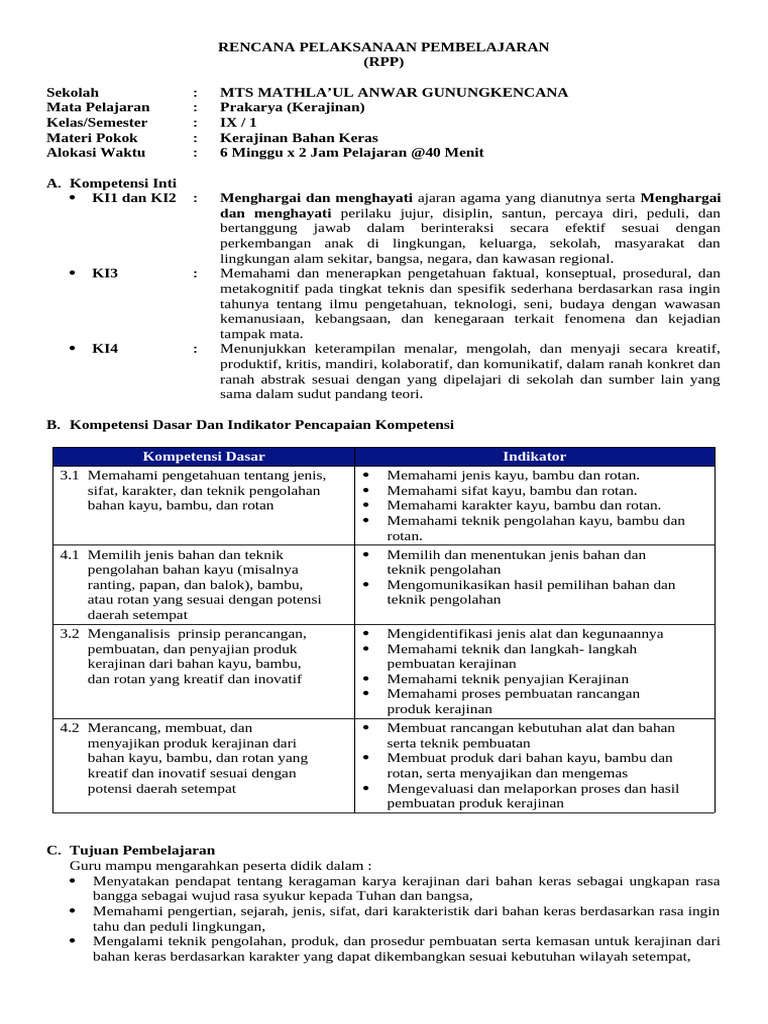 RPP Prakarya Kelas 9 Ganjil 2024-2025 | PDF