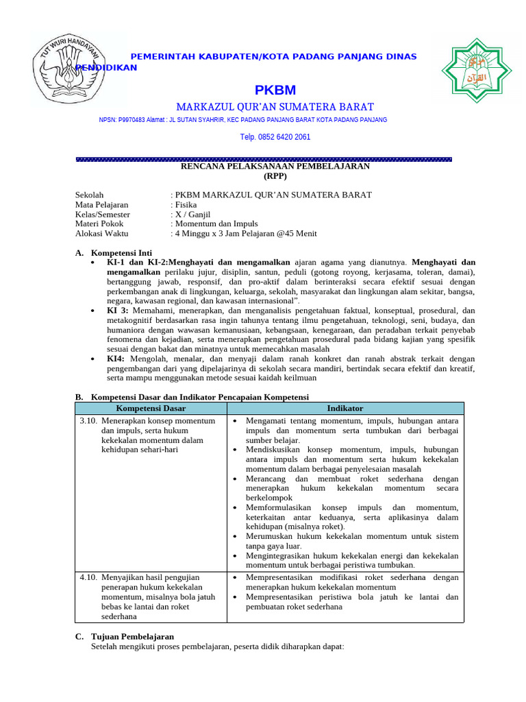 RPP 10 Momentum Dan Impuls | PDF