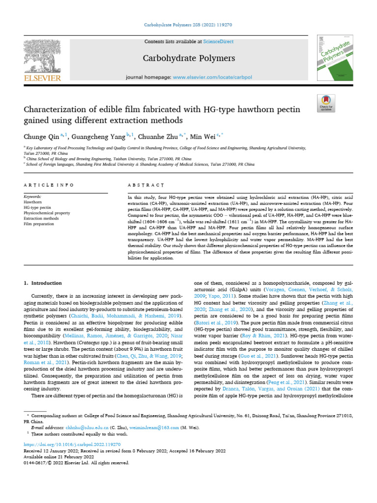 HG-Type Hawthorn Pectin Film Analysis | PDF | Ethanol | Chemistry