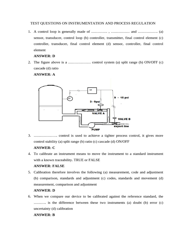 INSTRUMENTATION AND PROCESS REGULATION Test Questions | PDF ...