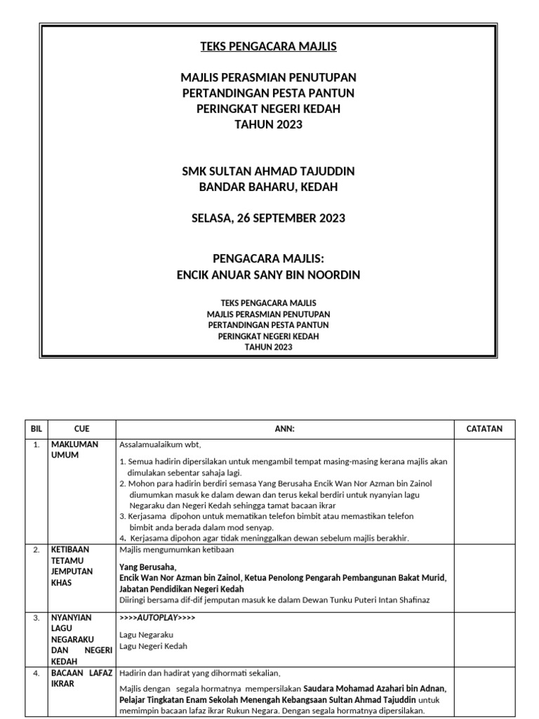 Teks MC Majlis Penutupan Pesta Pantun Negeri Kedah 2023 | PDF