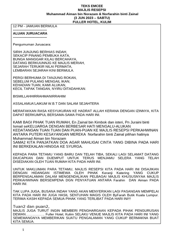 Teks MC Majlis Resepsi Perkahwinan' | PDF