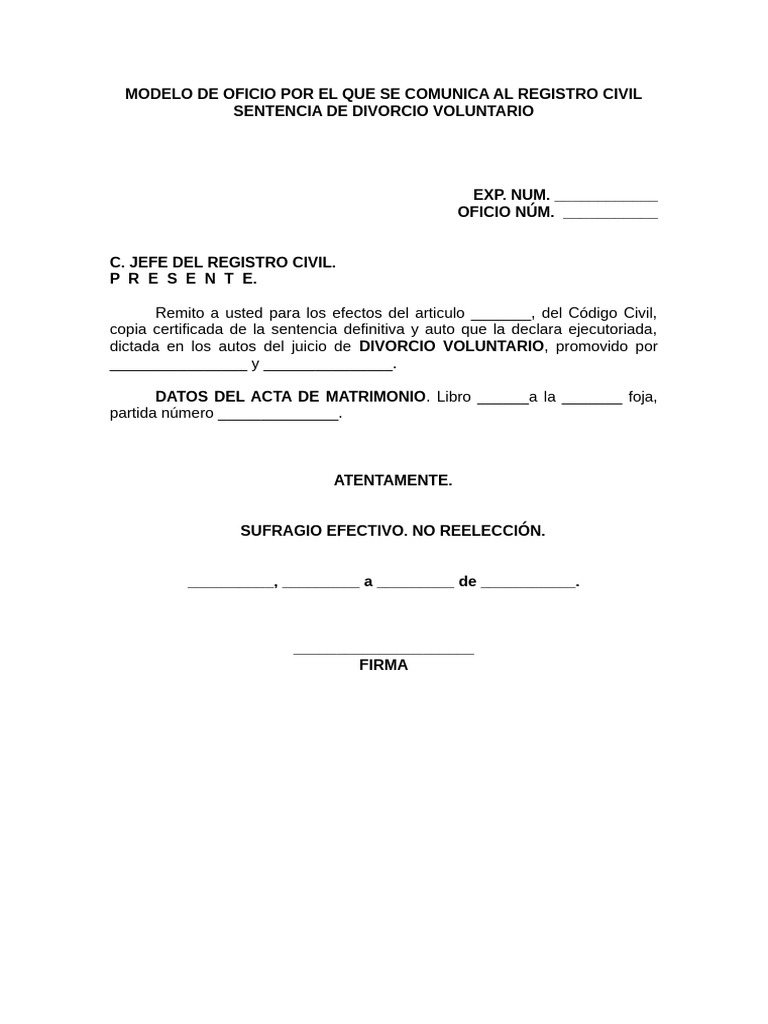 Modelo de Oficio Por El Que Se Comunica Al Registro Civil Sentencia de Divorcio Voluntario | PDF