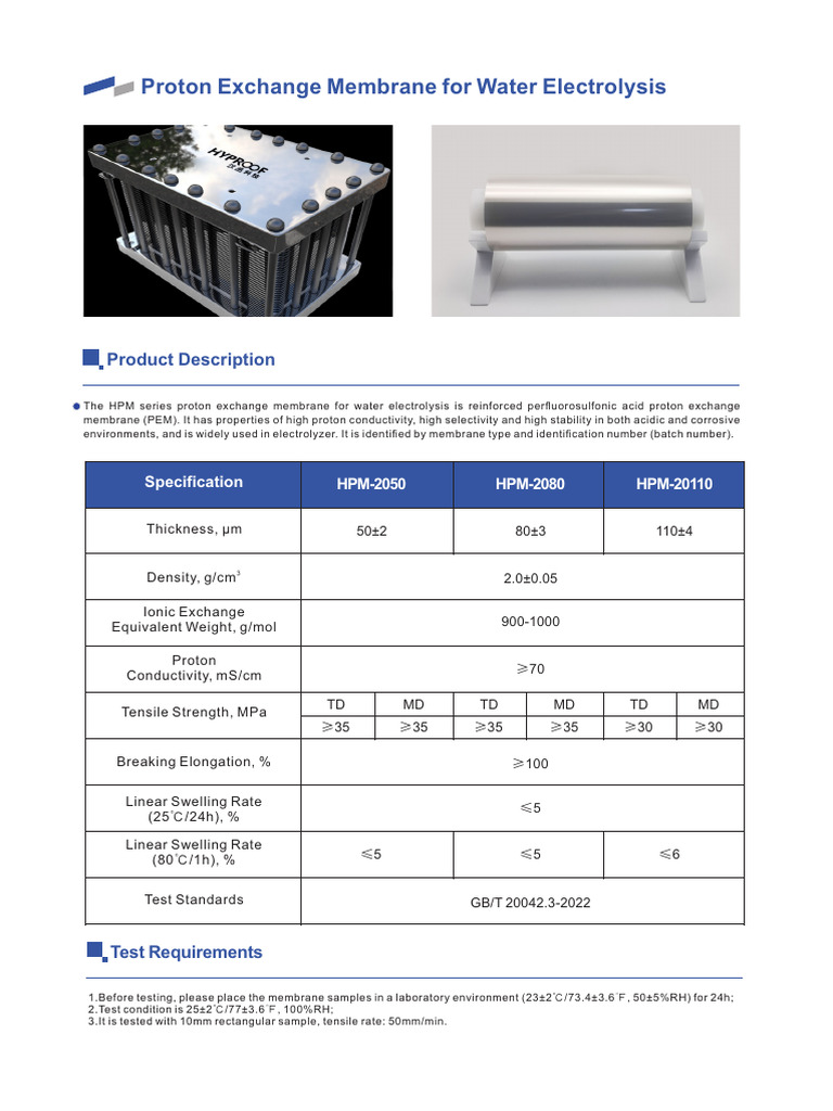 HPM Series Proton Exchange Membrane | PDF | Physical Sciences | Electricity
