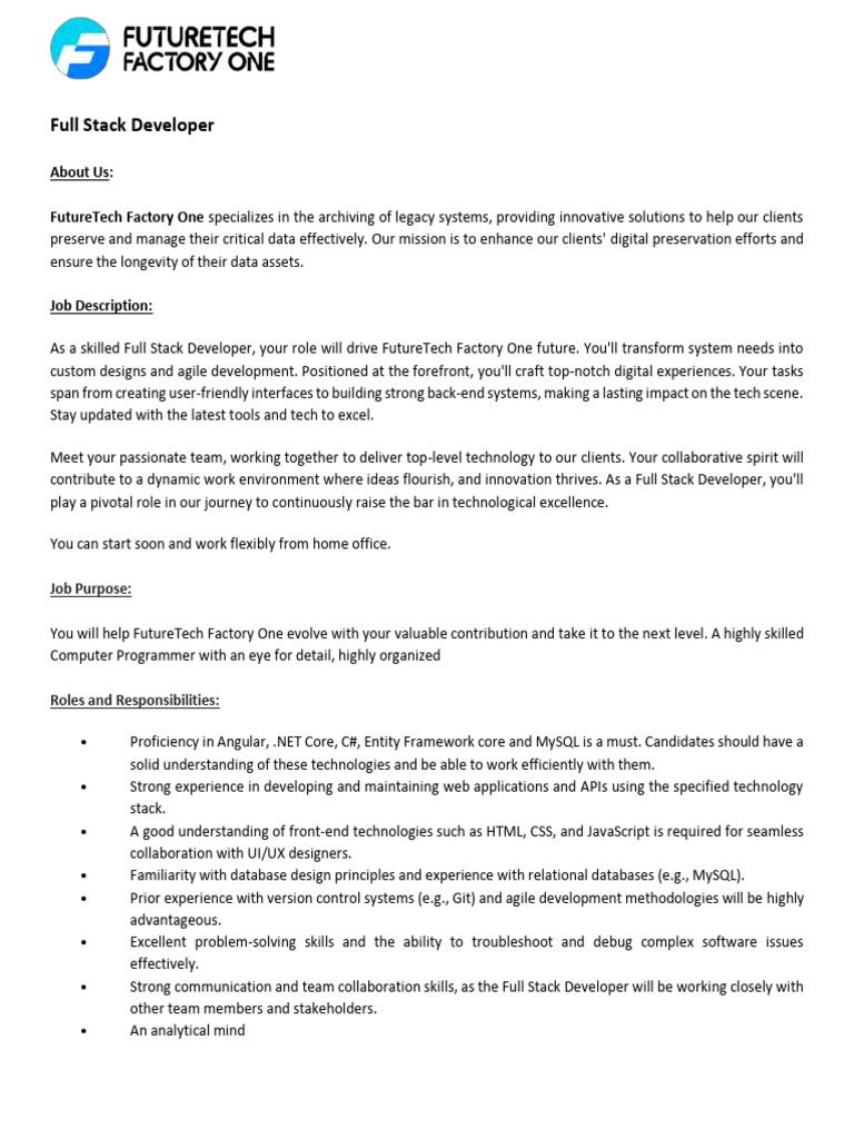 JD of Fullstack Developer - FFO | PDF | Databases | Agile Software Development