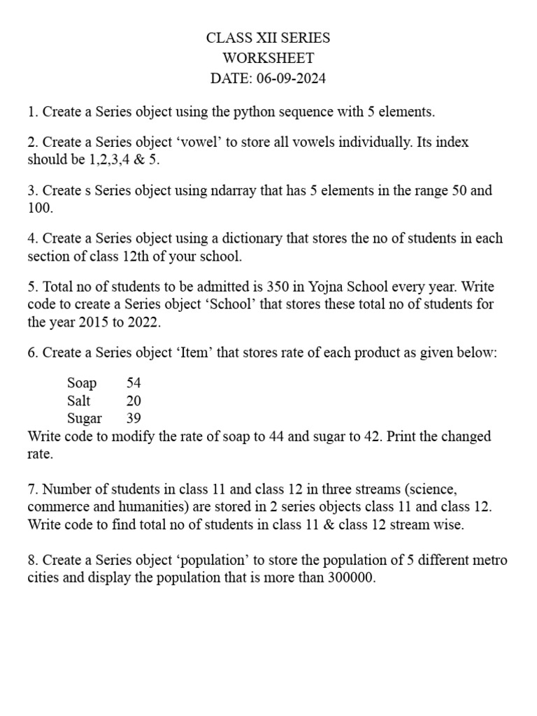 Python Series Worksheet for Class XII | PDF