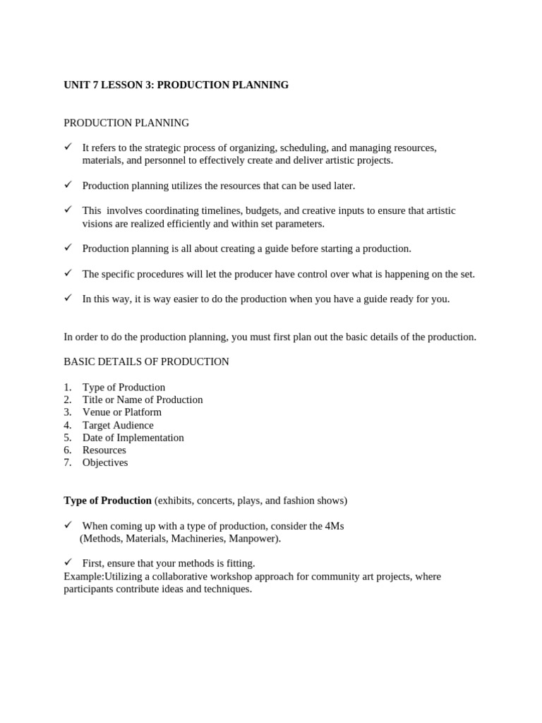Unit 7 Lesson 3 Production Planning Hand Out | PDF | Goal