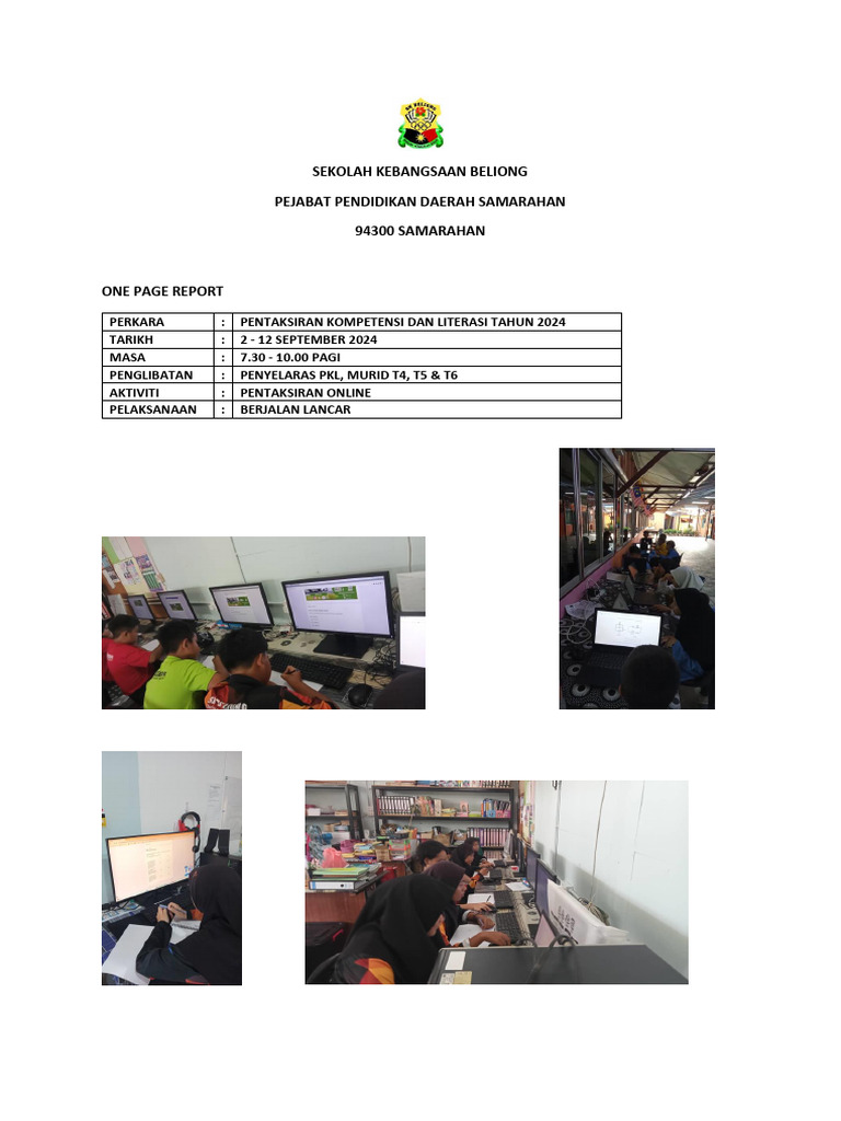 One Page Report Sekolah PKL 2024 | PDF