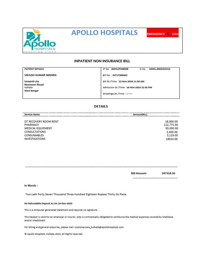 Apollo Hospital Inpatient Bill 2023 | PDF | Service Industries | Medicine