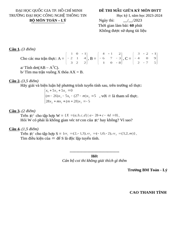 De Thi Mau Giua Ky 1 Mon DSTT Nam Hoc 2023-2024 - DE 2 | PDF