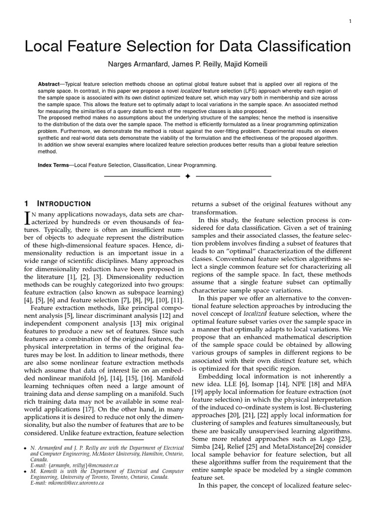 Local Feature Selection For Data Classification | PDF | Mathematical Optimization | Statistical ...