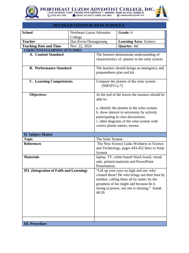 Solar System Lesson Plan for Grade 6 | PDF | Planets | Natural Satellite