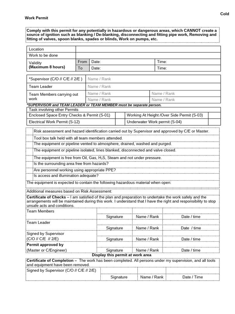 Cold Work Permit | PDF | Underwater Diving