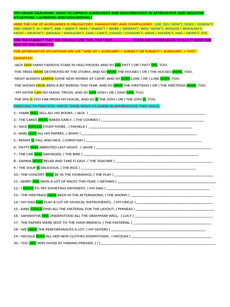 9th Grade 2024 Grammar On Ways To Express Agreement | PDF
