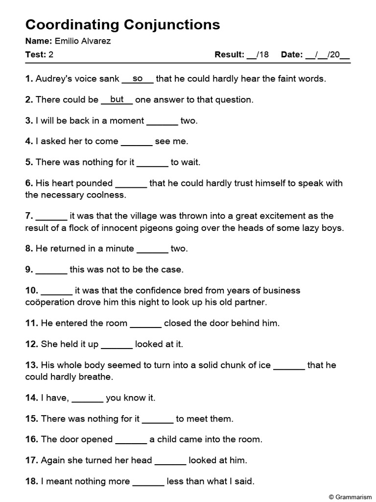Grammarism Coordinating Conjunctions Test 2 | PDF