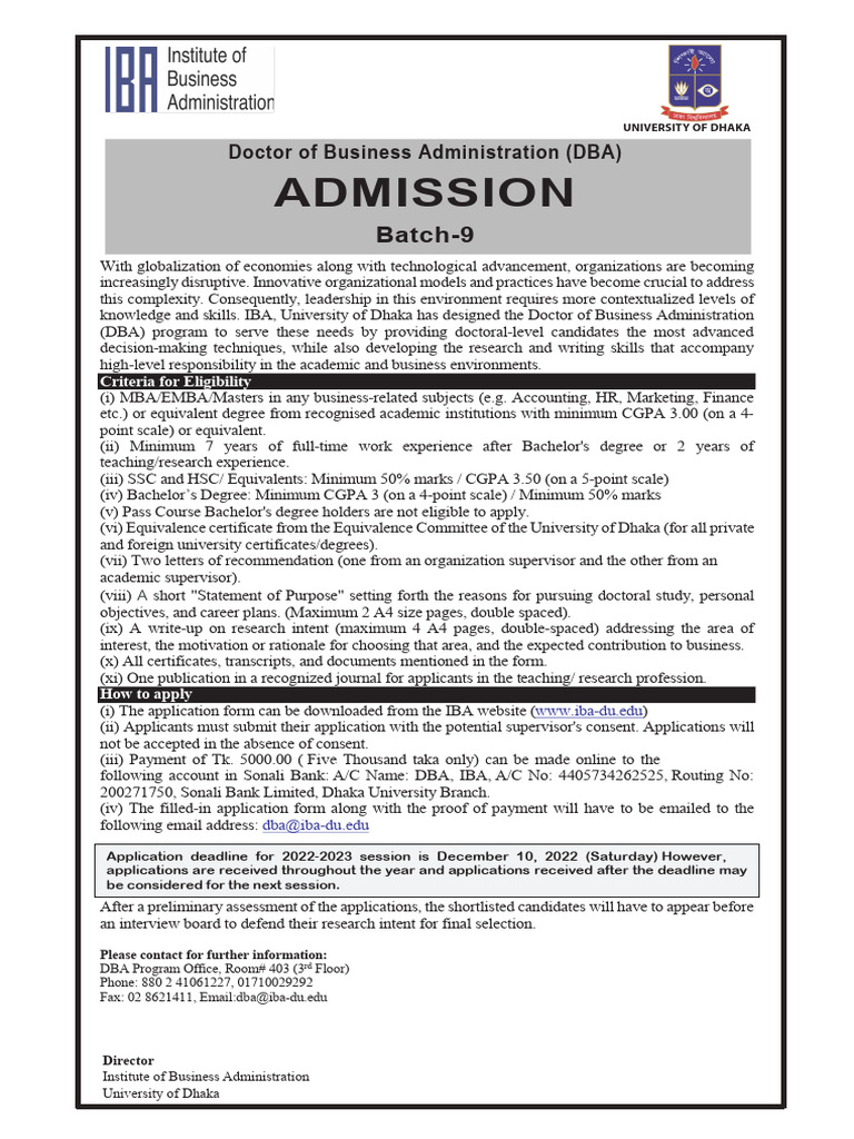 DBA Advertisement 9th Batch - FV-1 | PDF | Academic Degree | Master Of ...