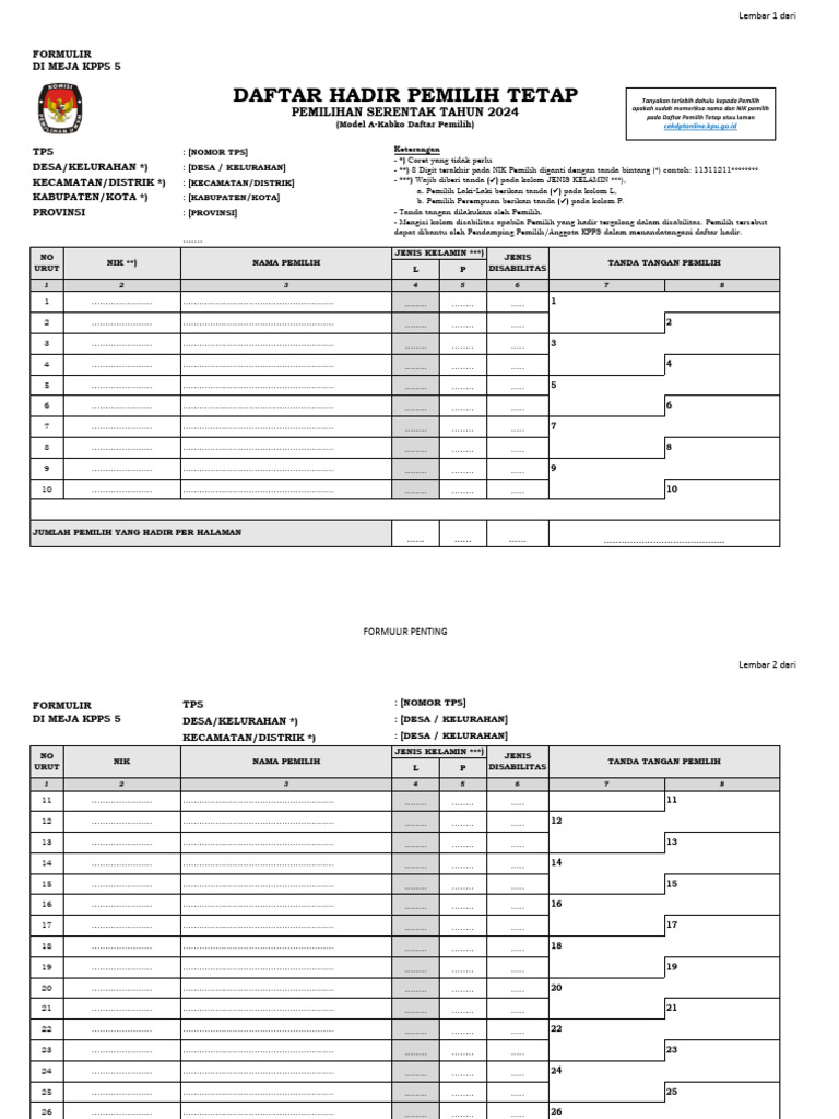 Daftar Hadir Di TPS Simulasi Pemilihan 2024 - DPT - SIMULASI | PDF