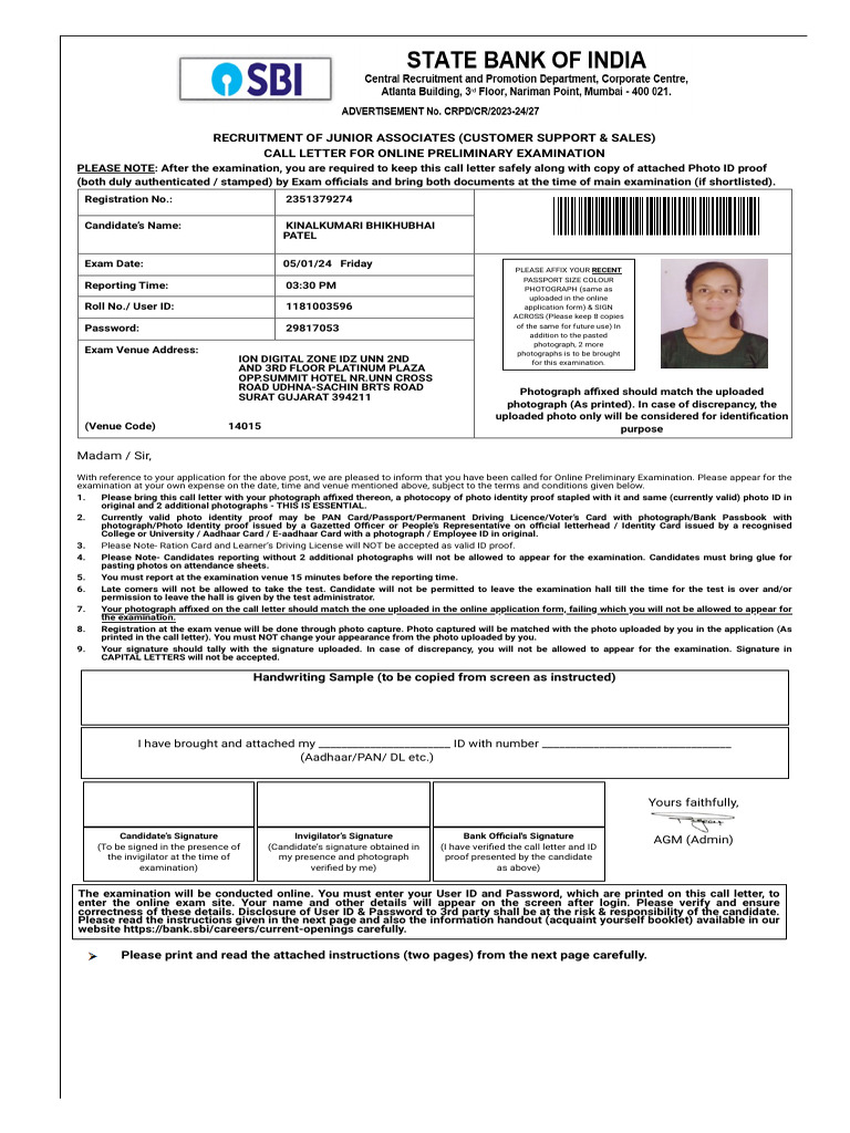 Junior Associates Exam Call Letter | PDF | Driver's License | Identity ...