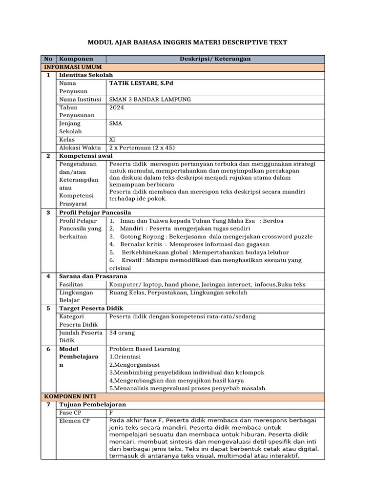 Modul Ajar Descriptive Text | PDF | Seni & Disiplin Bahasa | Sains & Matematika