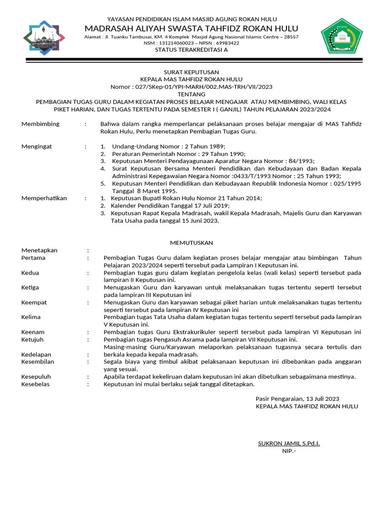 SK Pembagian Tugas 2023-2024 | PDF