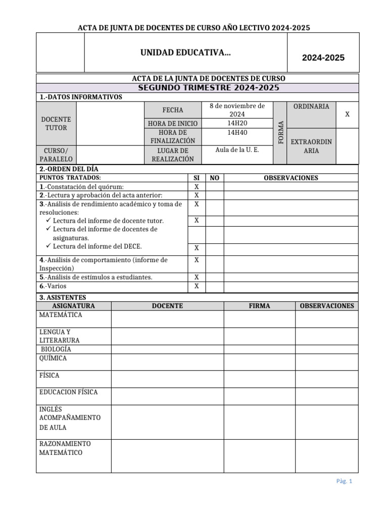 Acta de Junta de Curso, Institucional 2024-2025 | PDF