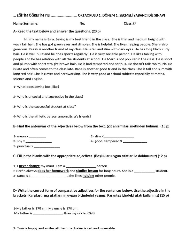 Sinif Ingilizce 1. Donem 1. Yazili | PDF | Language Arts & Discipline