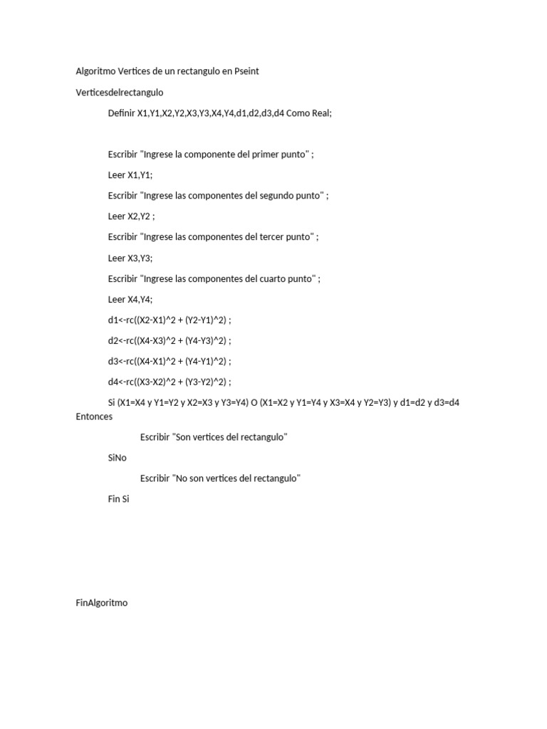Algoritmo Vertices de Un Rectangulo en Pseint | PDF