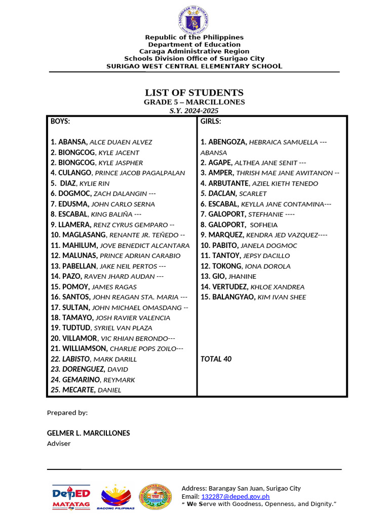 Grade 5 Marcillones Class List | PDF