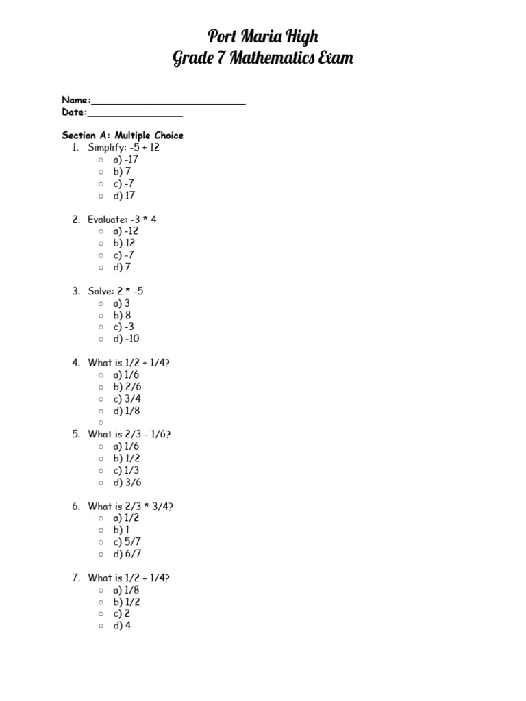 Mathematics Grade 7 Term 1 Exam | PDF | Odds | Arithmetic