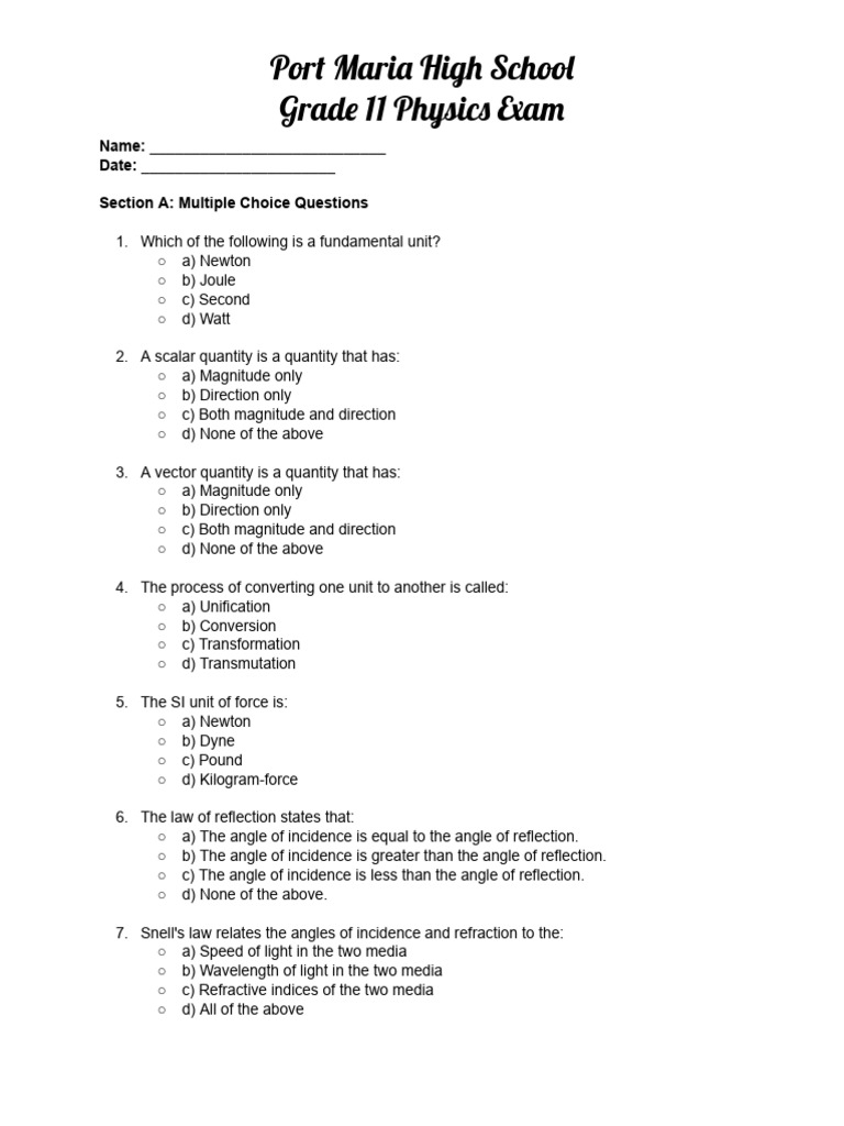 Grade 11 Physics Term 1 Exam | PDF | Optics | Refraction
