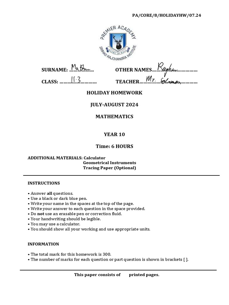 Year 10 Maths Holiday Homework | PDF | Sphere | Area