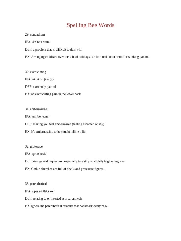 Spelling Bee Word Definitions List | PDF