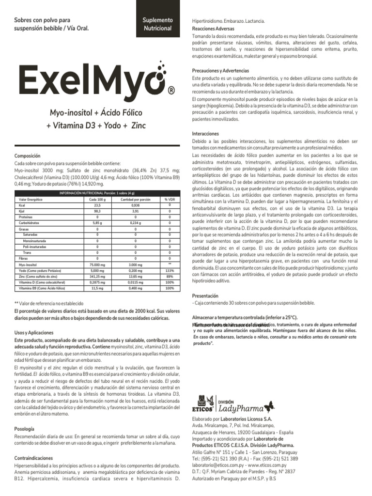 Exelmyo Myo Inositol 30 Sobres | PDF | Vitamina D | El embarazo