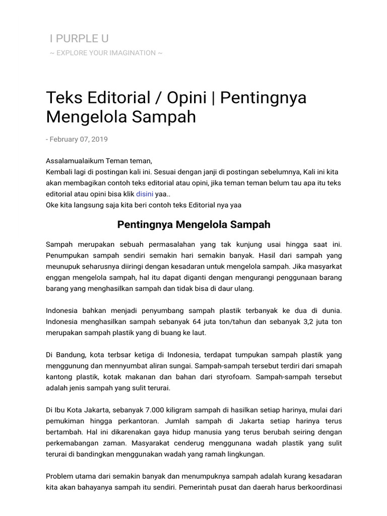 Teks Editorial - Opini - Pentingnya Mengelola Sampah | PDF | Gaya Hidup