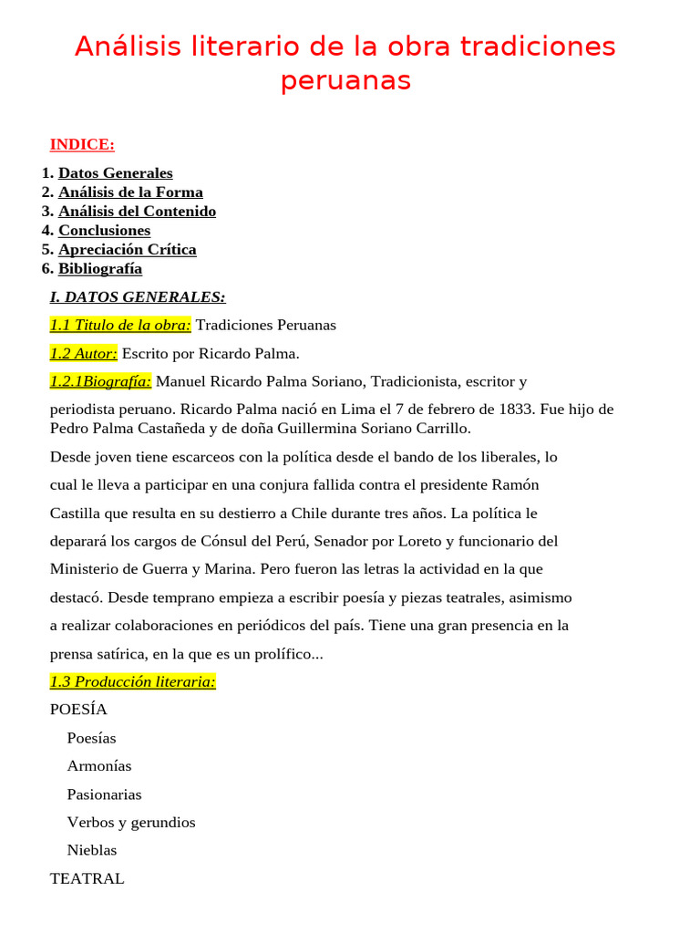 Análisis Literario de La Obra Tradiciones Peruanas | PDF | Perú
