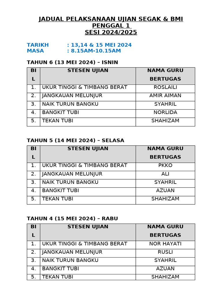 Jadual Ujian Segak 2024:2025 | PDF