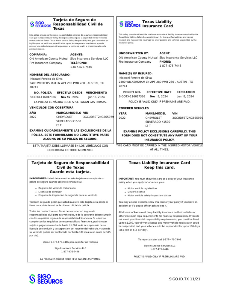 Texas Liability Insurance Card Tarjeta de Seguro de Responsabilidad ...