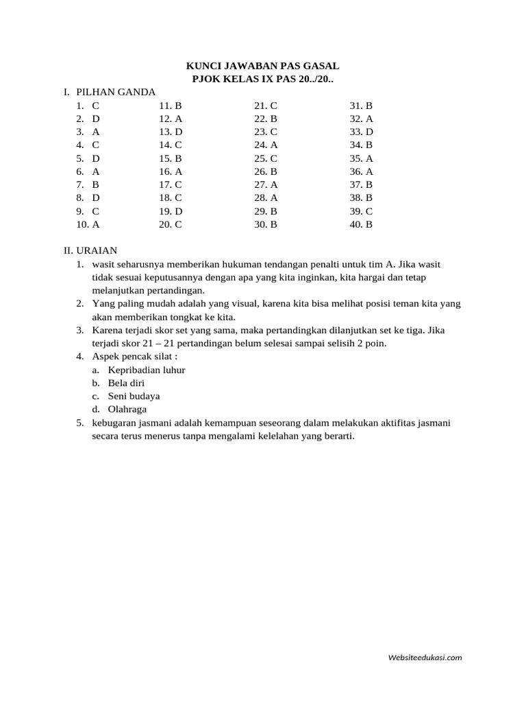 Jawaban Pas Pjok Kls 9 k13 | PDF