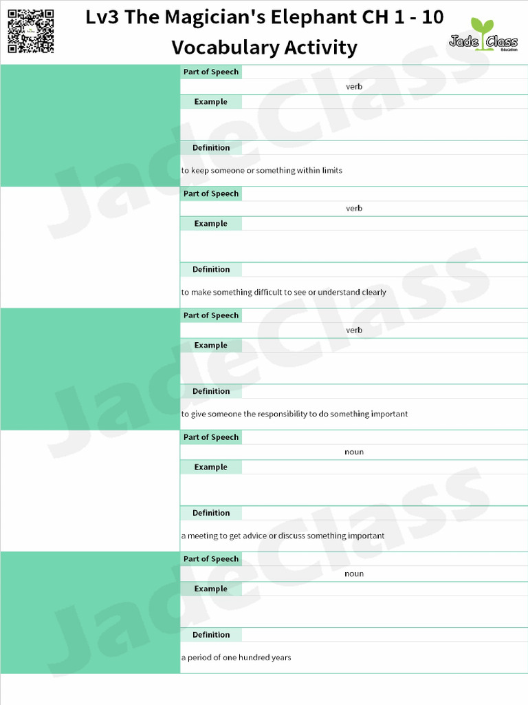 Lv3 The Magician's Elephant CH 1 - 10 - Vocabulary Activity | PDF