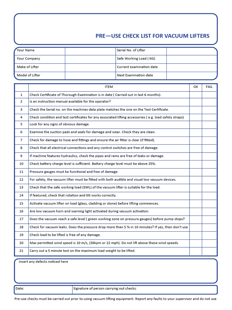 PRE-USE-CHECKLIST Vacuum Lifter | PDF | Vacuum | Pump