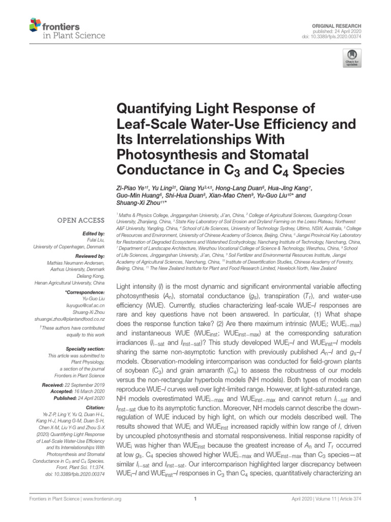 Quantifying Light Response of Leaf-Scale Water-Use | PDF | Stoma | Photosynthesis