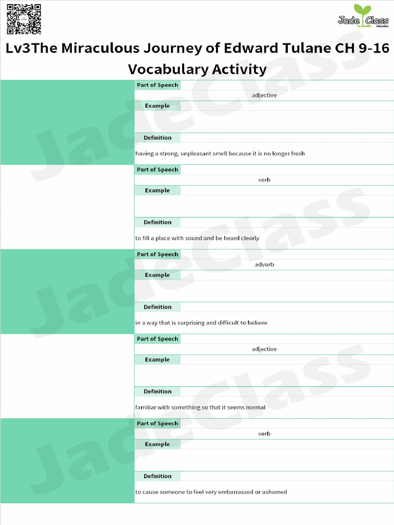 Lv3 The Miraculous Journey of Edward Tulane CH9-16 - Vocabulary Activity | PDF