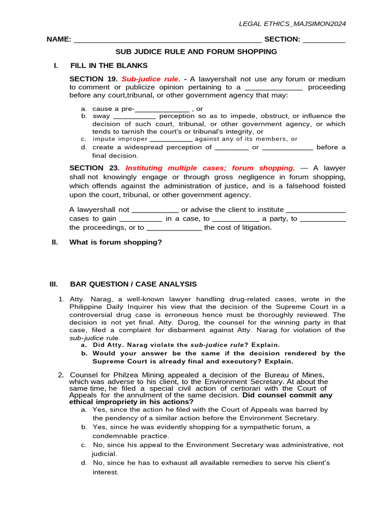 Sub Judice Rule and Forum Shopping Activity | PDF | Lawsuit | Supreme ...