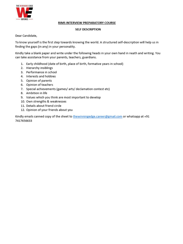 RIMS Interview Prep: Self-Description Guide | PDF | Career & Growth