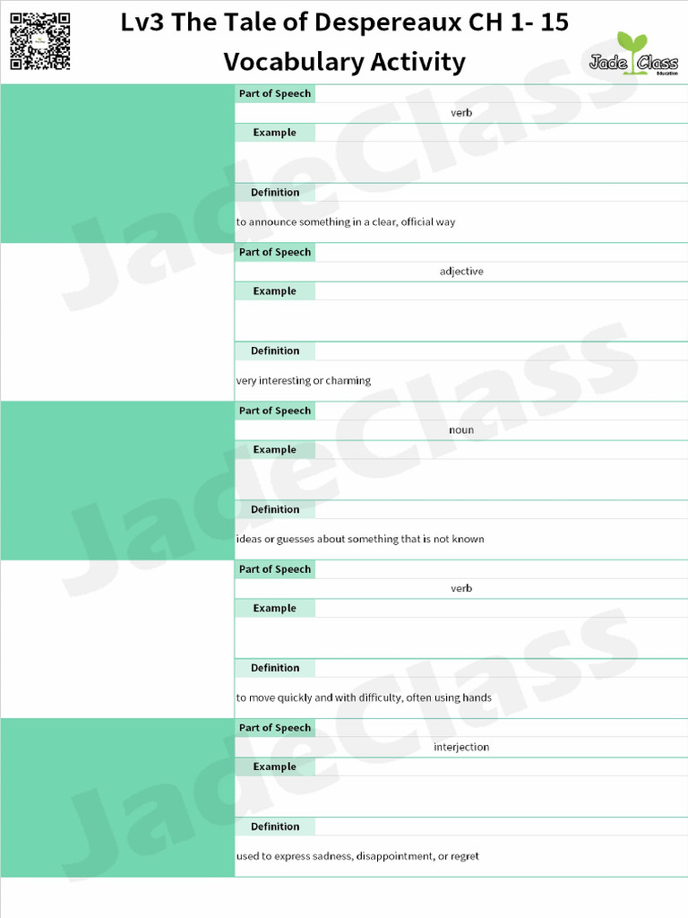 Lv3 The Tale of Despereaux CH 1 - 15 - Vocabulary Activity | PDF