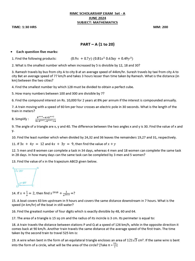 RIMC June 2024 Maths Question Paper | PDF | Area