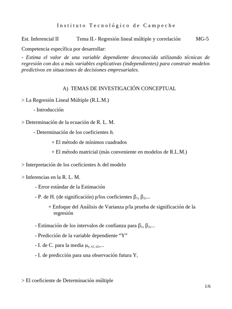 Temario U.2 Estadística Inf. 2 MG-5 23-2-1 | PDF | Análisis de regresión | Coeficiente de ...